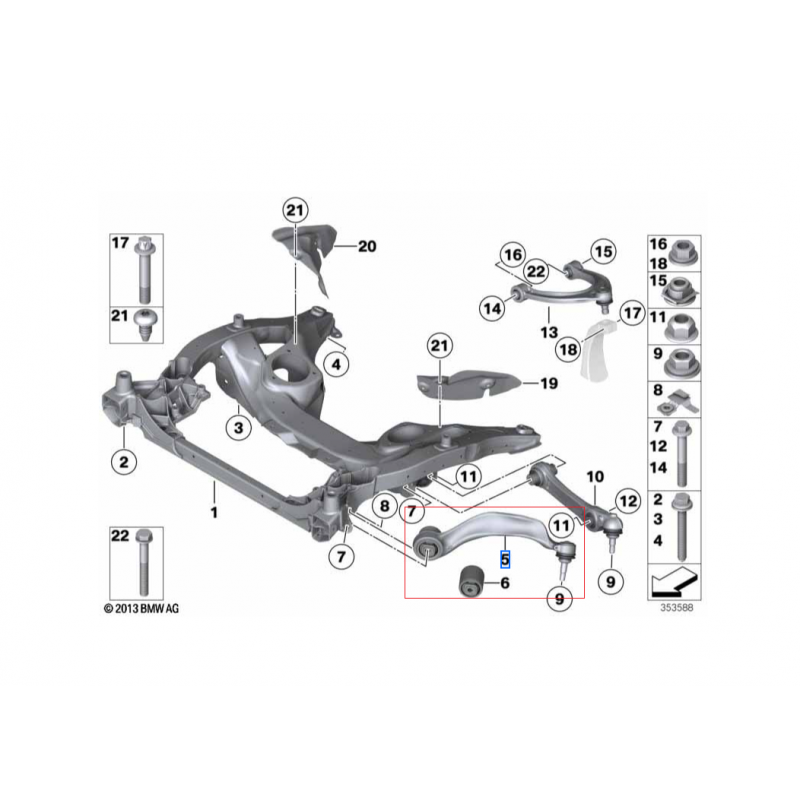 Tirant d'essieu avant avec silentbloc pour BMW Série 5 F10 F11 Coté Gauche